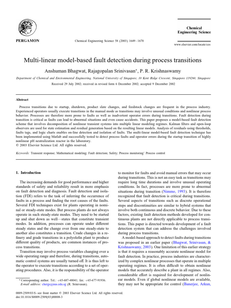 Multi-Linear Model-Based Fault Detection During Process Transitions | PDF | Nonlinear System ...