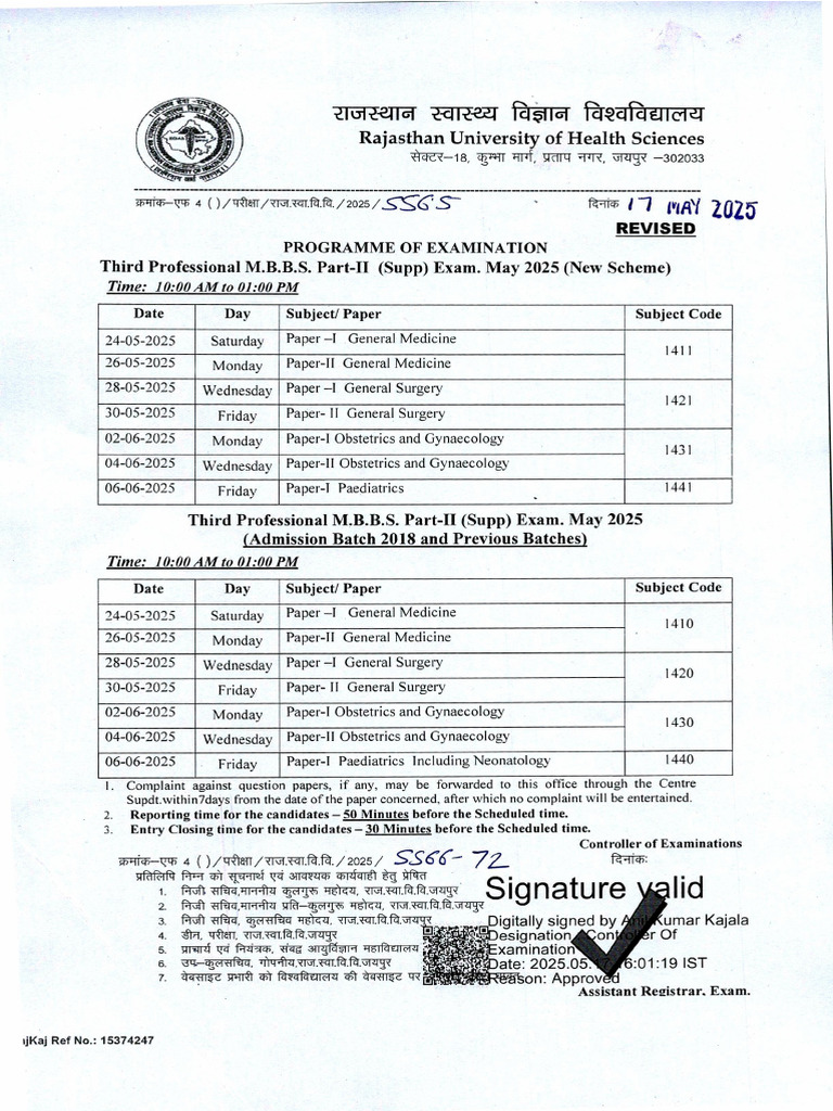 Revised Time Table of Third Prof. MBBS Part II Supp Exam May 2025 New Old Scheme 5483 | PDF