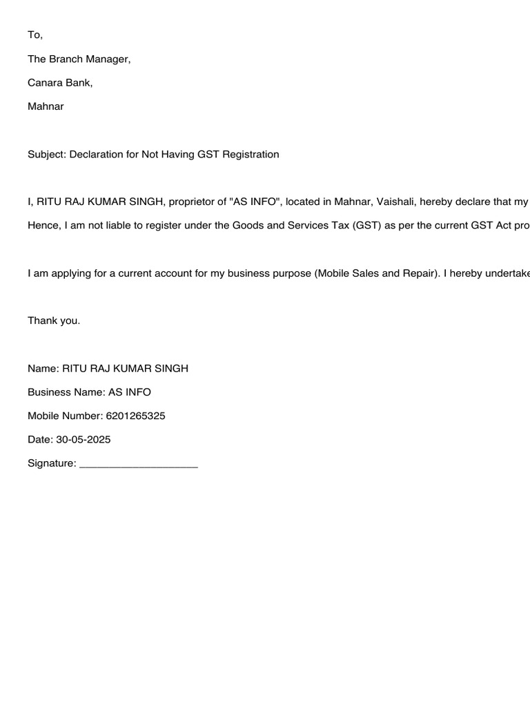 No GST Declaration Letter RITU RAJ Canara Bank PDF | PDF