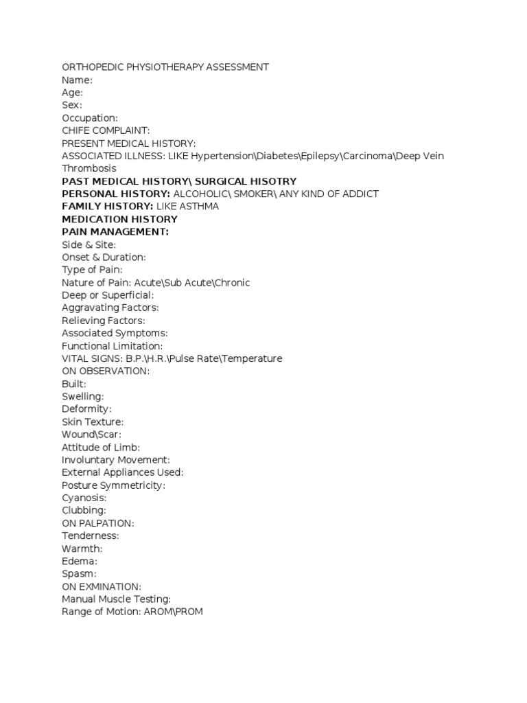 Orthopedic Physiotherapy Assessment Form | PDF
