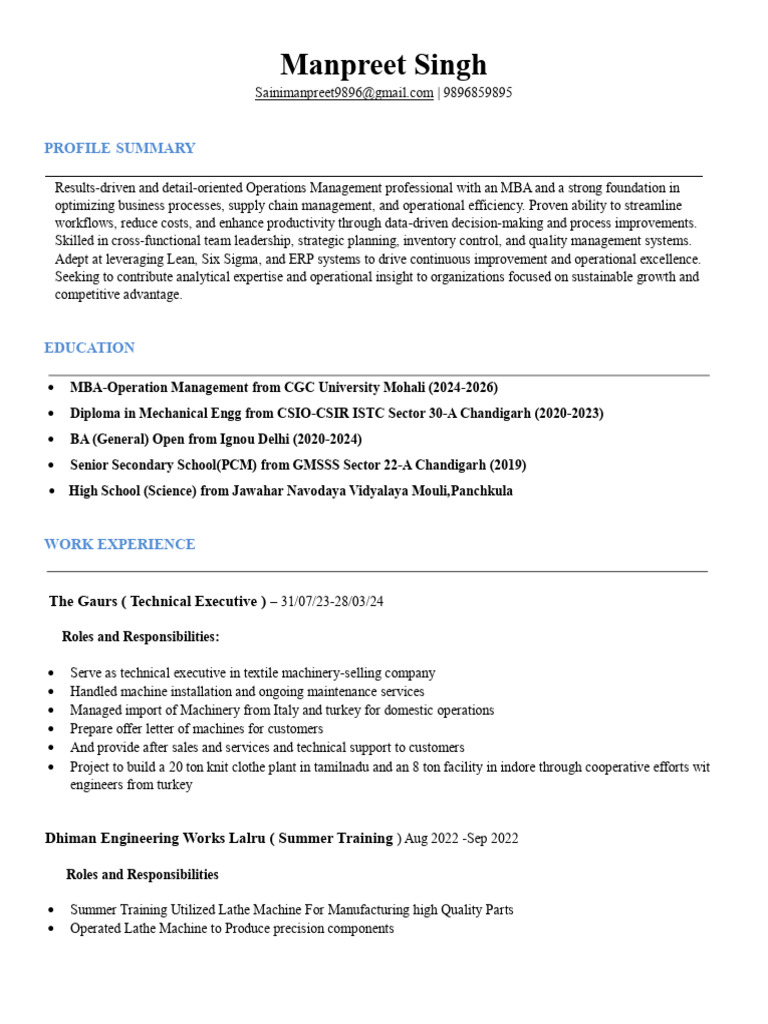 Manpreet Singh CV MBA DCPD | PDF | Business | Economies