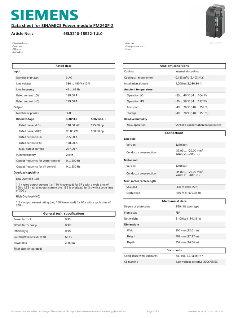 SINAMICS PM240P-2 Power Module Data Sheet | PDF | Alternating Current ...