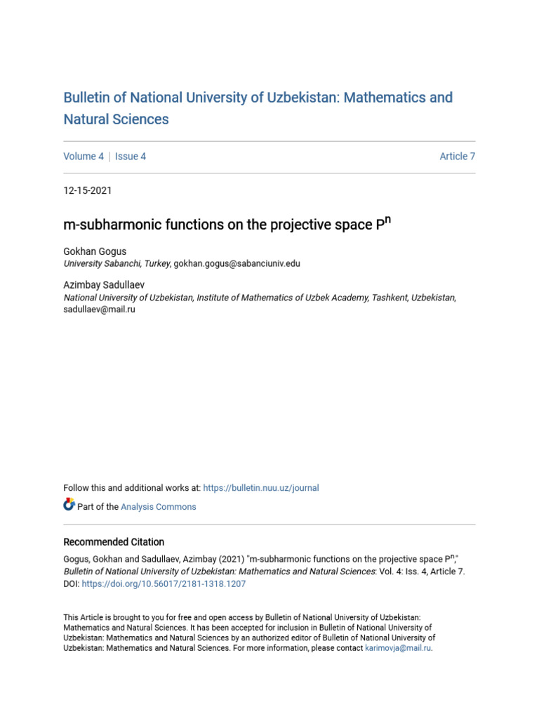 SadullaevA. Gokan M Subharmonic Functions On The Projective Space P Sup ...