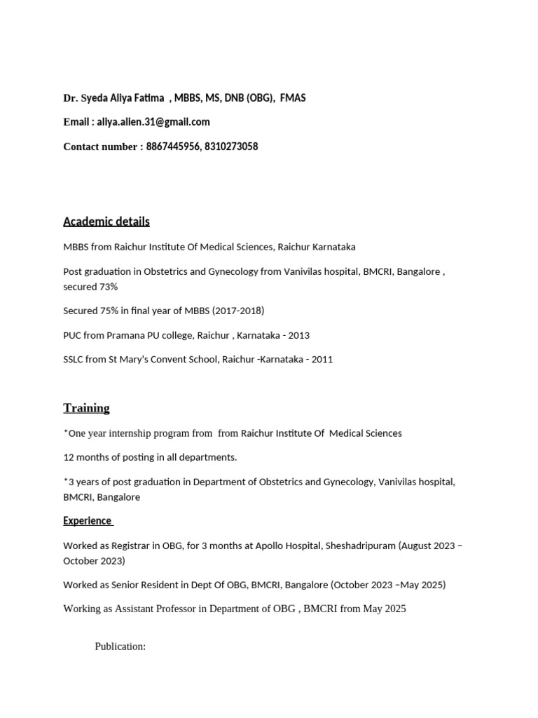 DR Syeda Aliya Fatima Resume | PDF