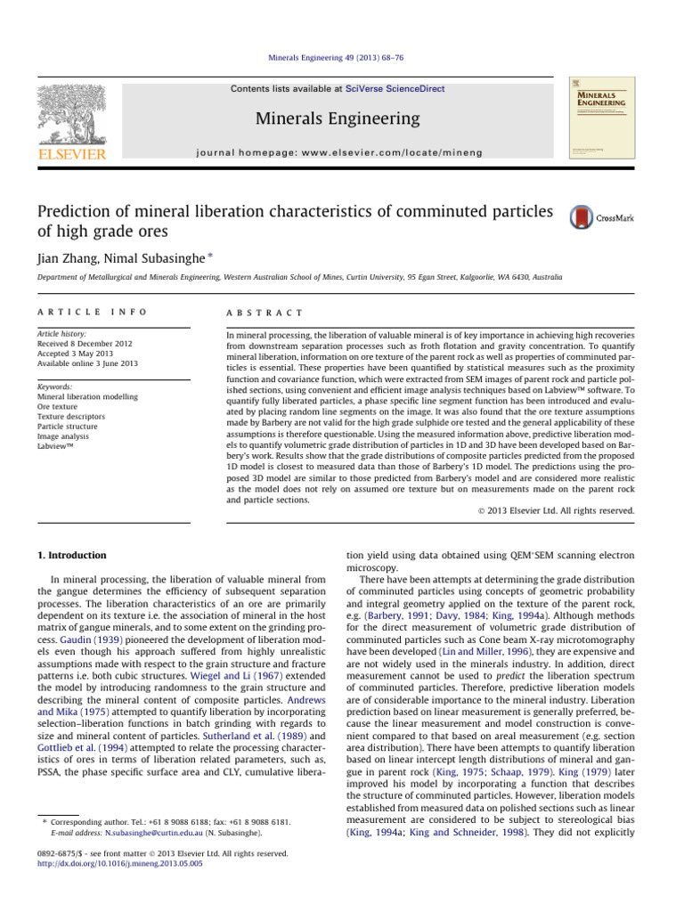 Prediction of Mineral Liberation Characteristics of Comminuted ...