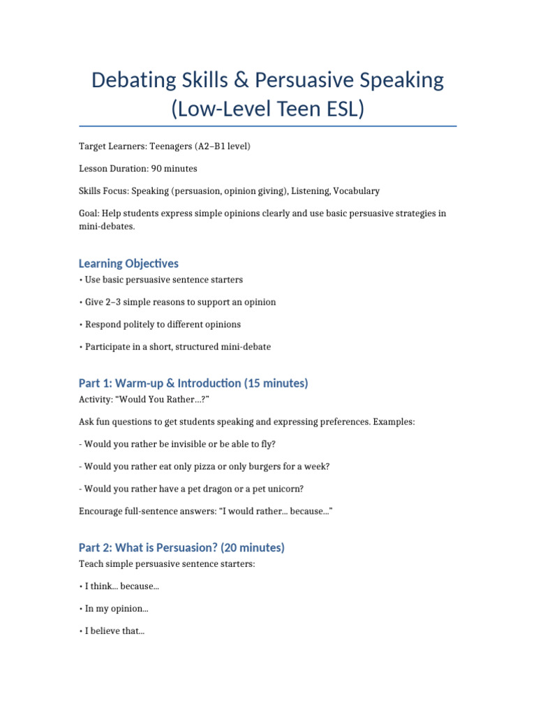 Debating Skills Low Level Lesson | PDF | Applied Linguistics | Learning