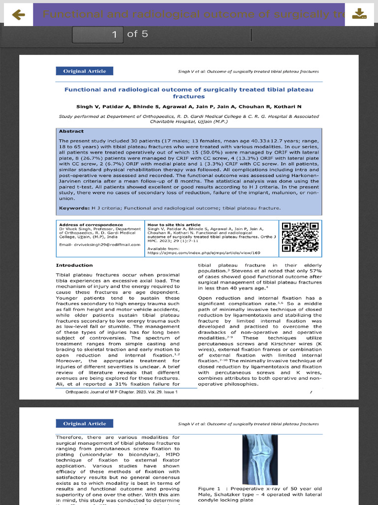 View of Functional and Radiological Outcome of Surgically Treated Tibial Plateau Fractures | PDF ...