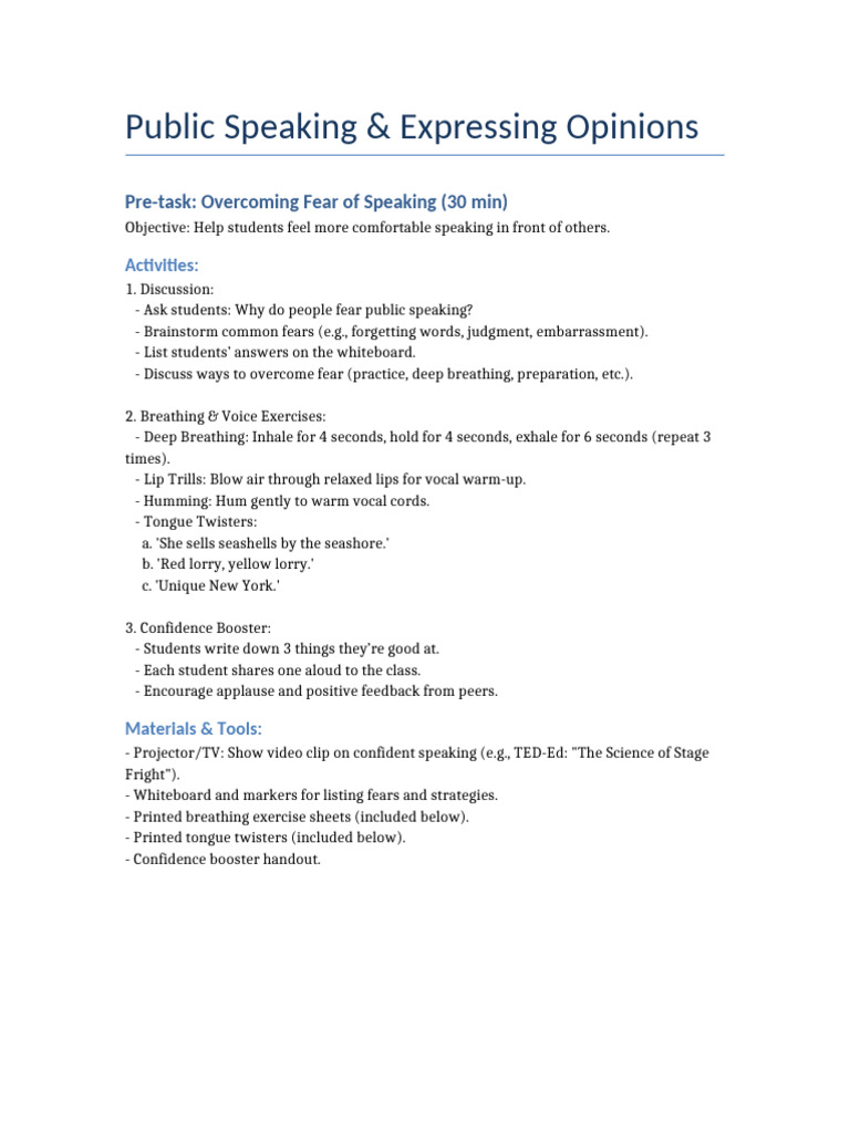 Public Speaking Detailed Lesson and Materials | PDF | Breathing
