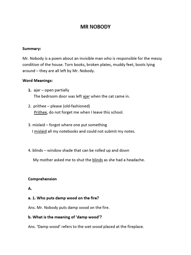 Mr. Nobody: Poem Summary and Analysis | PDF