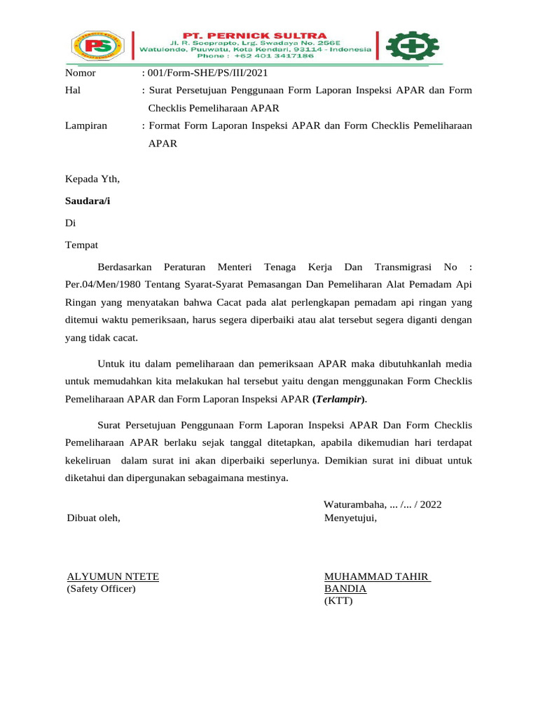 SP-Form Lap. Inspeksi APAR Dan Checklis Pemeliharaan APAR | PDF