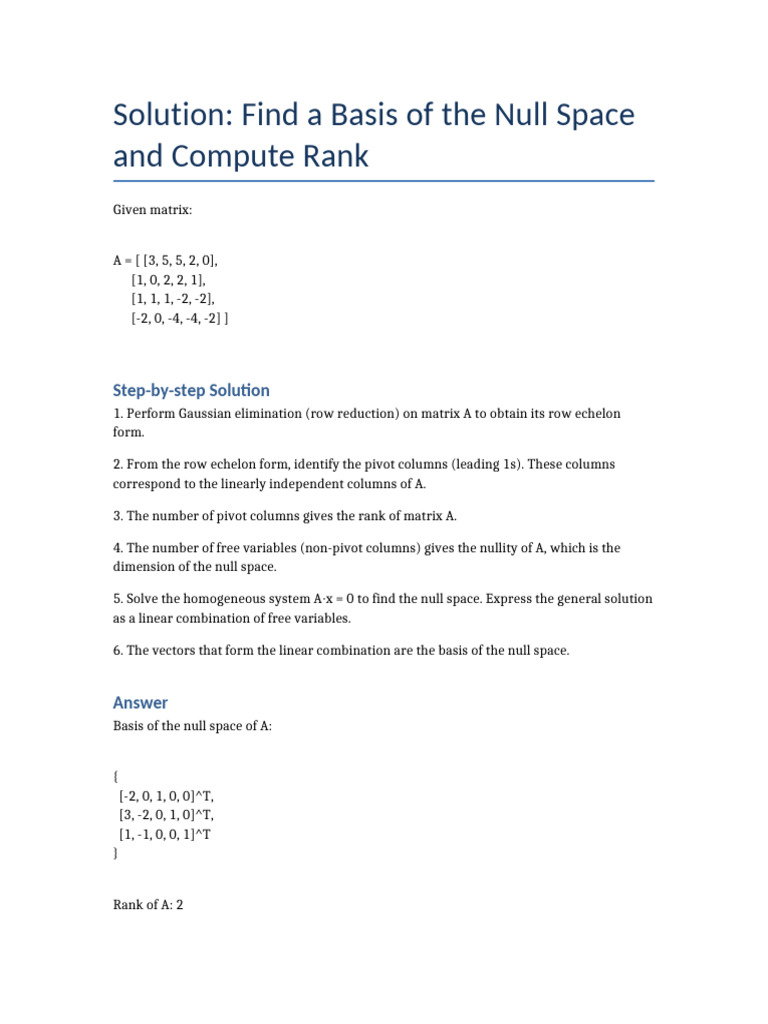 Null Space and Rank Solution | PDF