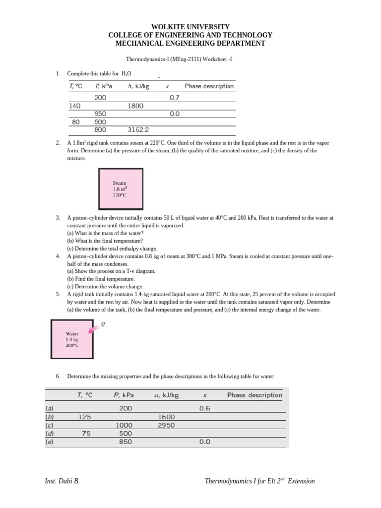 Thermodynamics Worksheet1 | PDF