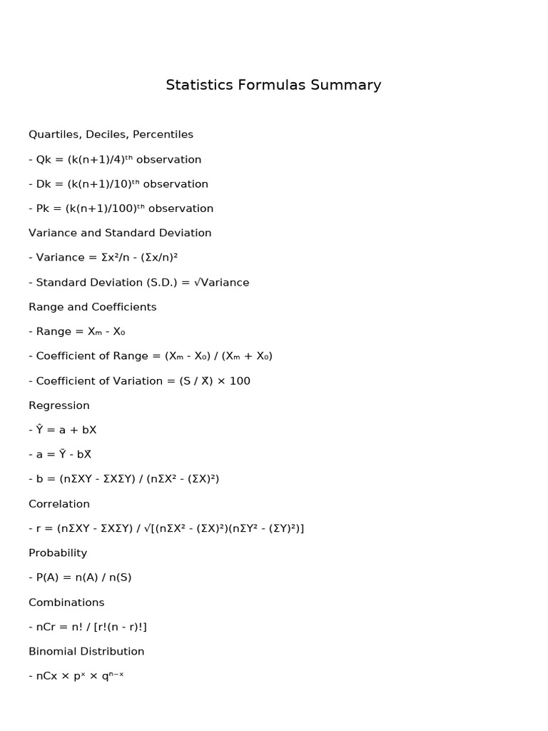 Statistics Formulas Summary | PDF