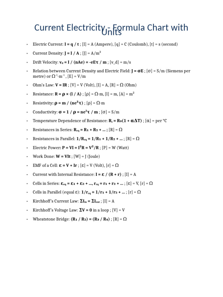 Current Electricity Formula Chart | PDF