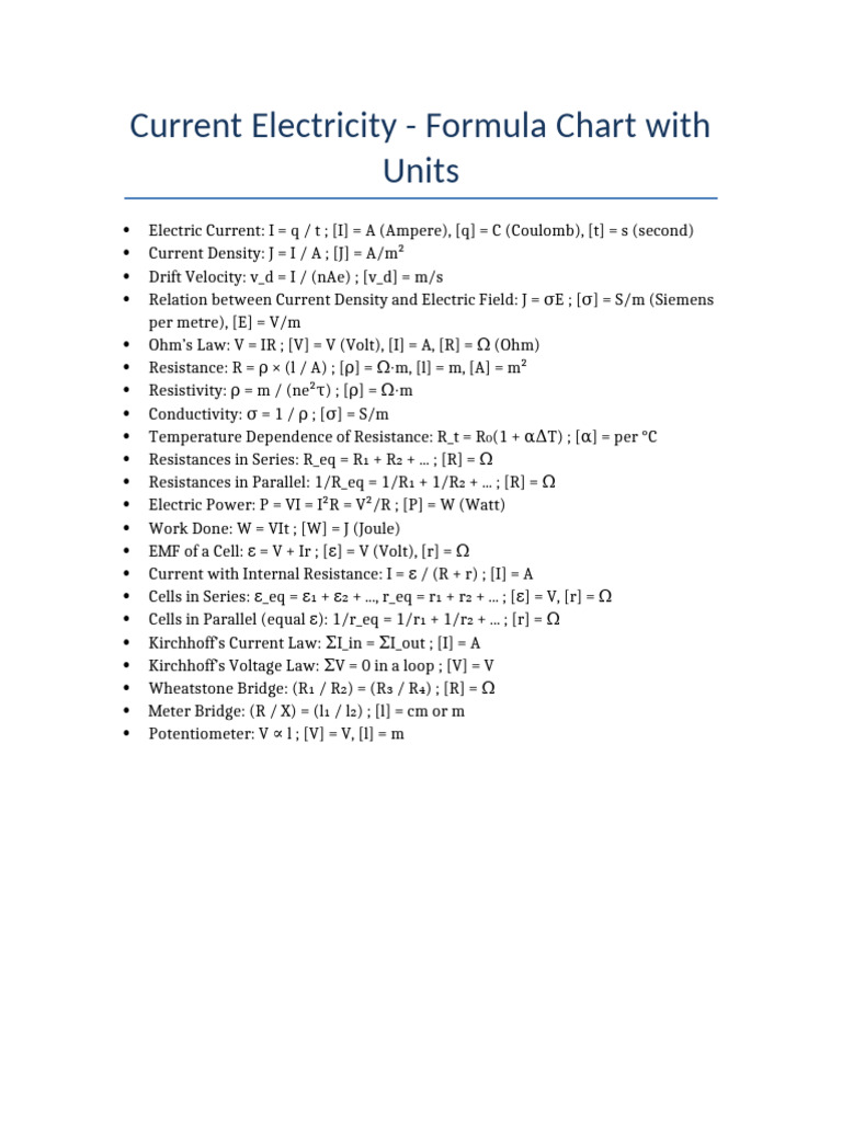 Current Electricity Formula Chart With Units | PDF