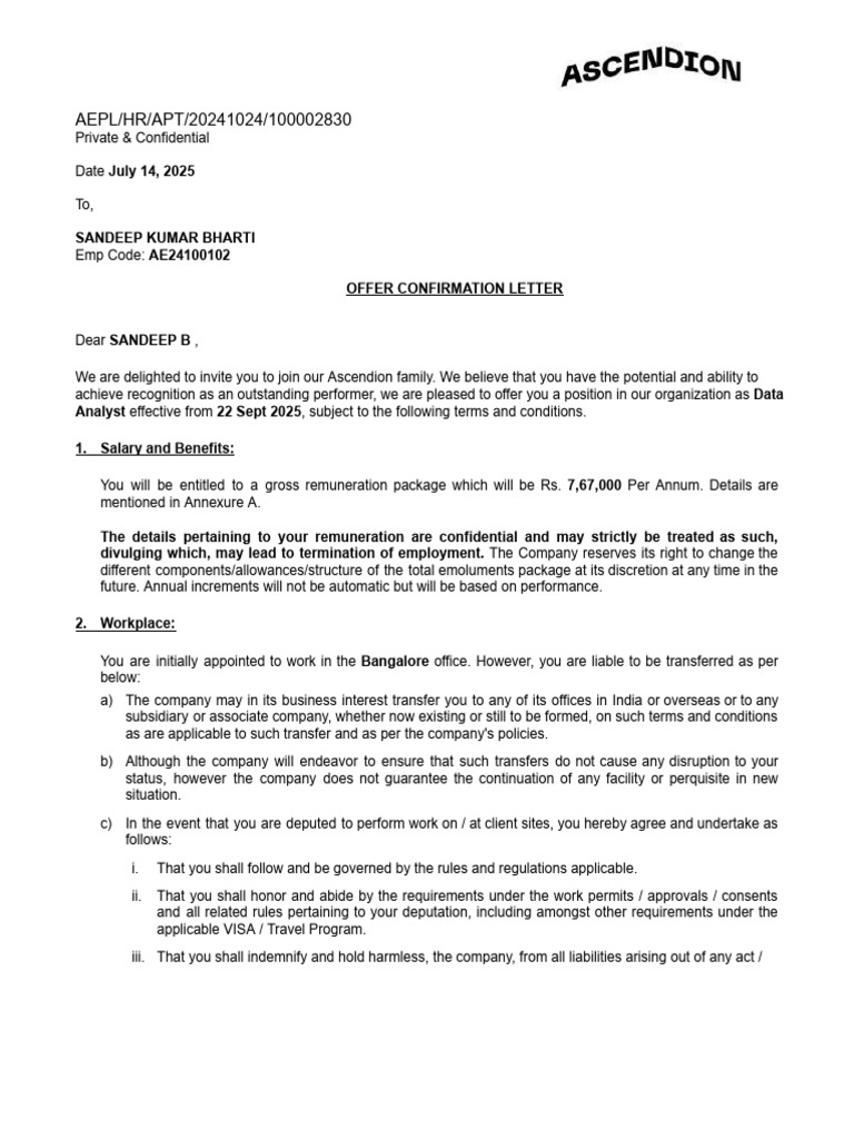 Sandeep Offer Letter | PDF | Breach Of Contract | Employment