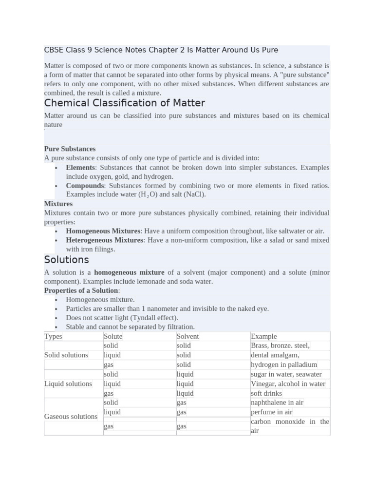 CBSE Class 9 Science: Matter and Mixtures | PDF | Mixture | Chemical ...