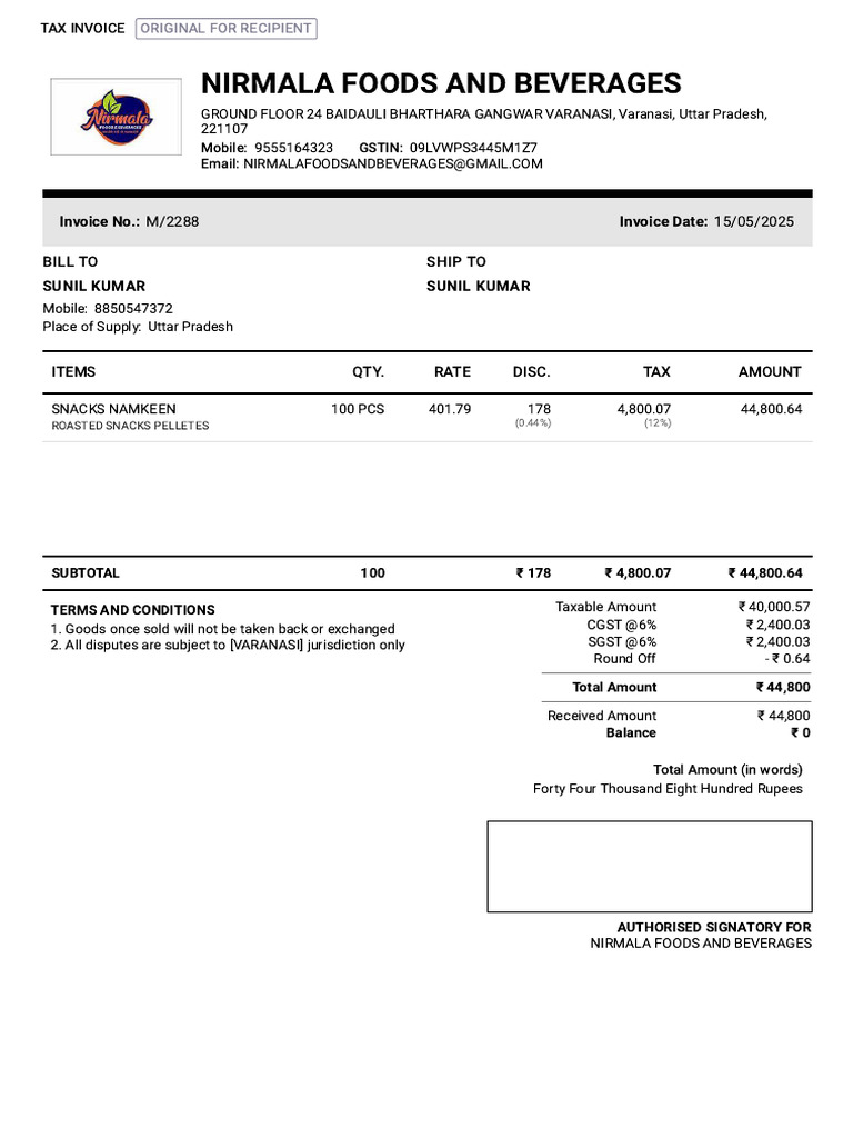 Sunil Kumar Sales Invoice M 2288 | PDF