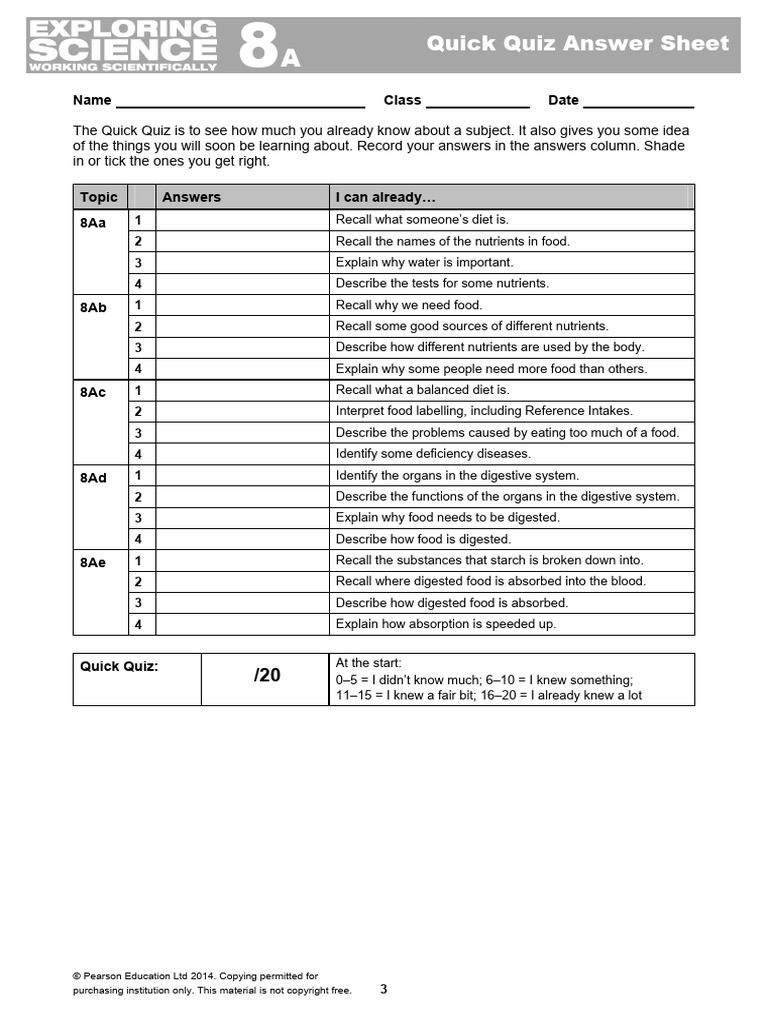 Quick Quiz Answer Sheet for Science 8A | PDF | Foods | Digestion