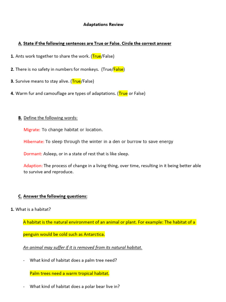 Adaptations Review Answer Sheet | PDF