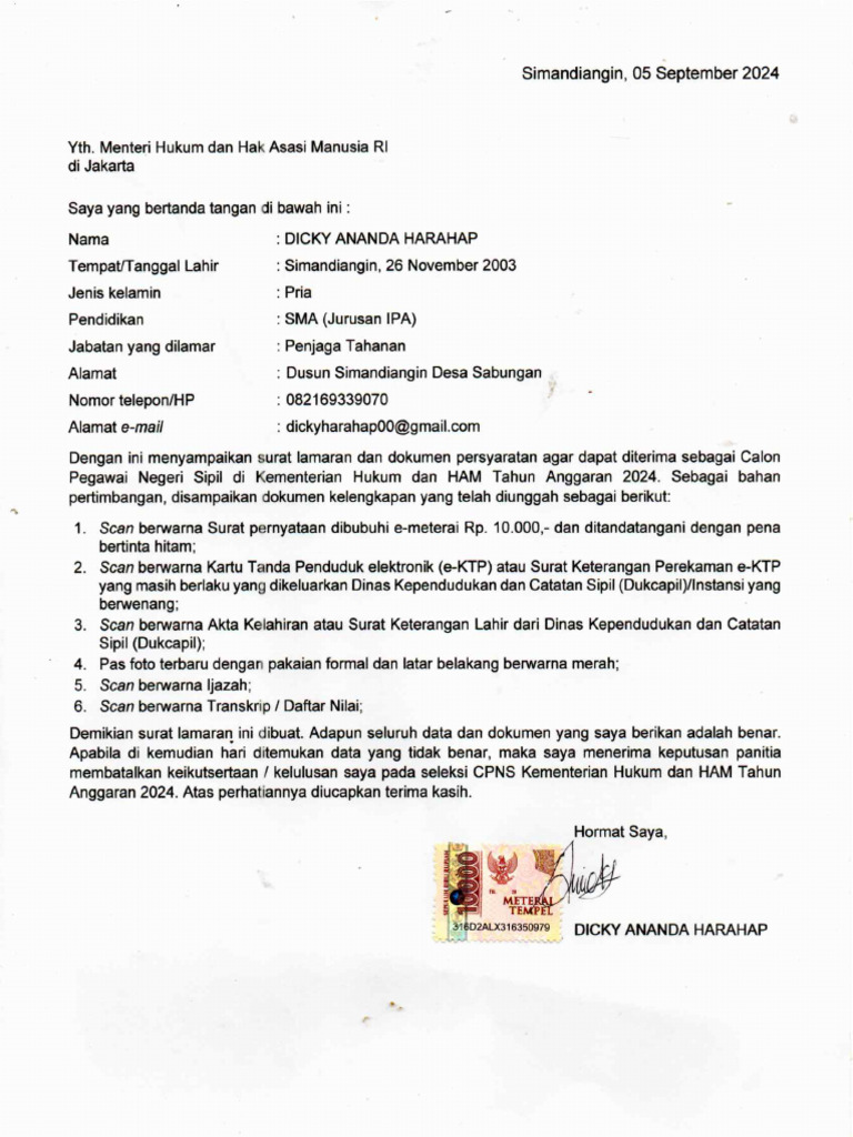 Surat Lamaran - Dicky Ananda Harahap | PDF