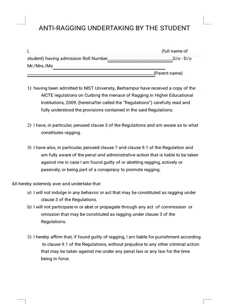 Anti Ragging Undertaking | PDF | Affidavit | Justice