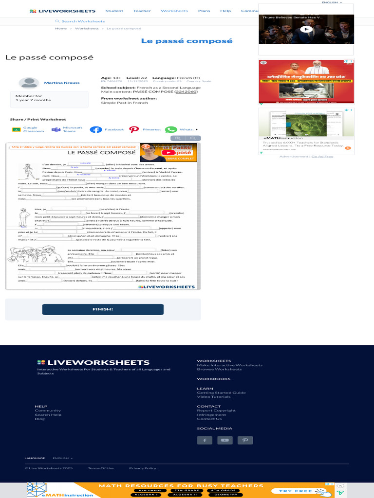 Le Passé Composé Free Interactive Worksheets 7404278 | PDF