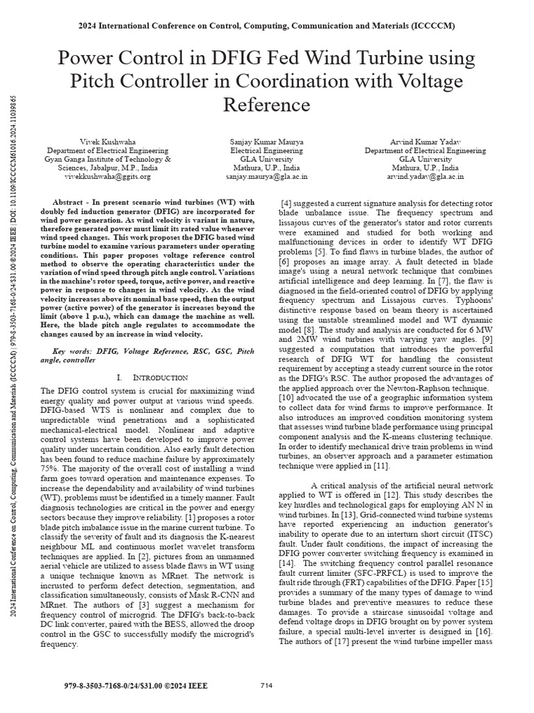 Power Control in DFIG Fed Wind Turbine Using Pitch Controller in Coordination With Voltage ...