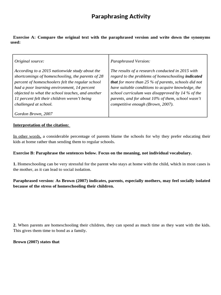 Paraphrasing Exercise on Homeschooling | PDF