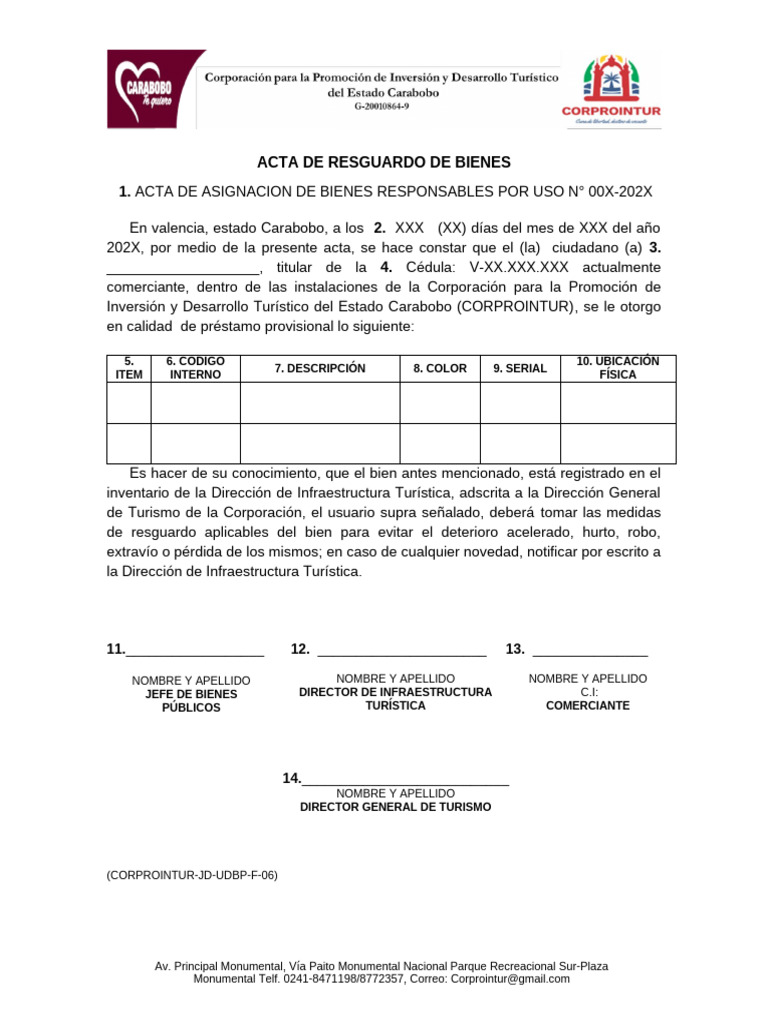 Formato e Instructivo ACTA DE RESGUARDO DE BIENES | PDF