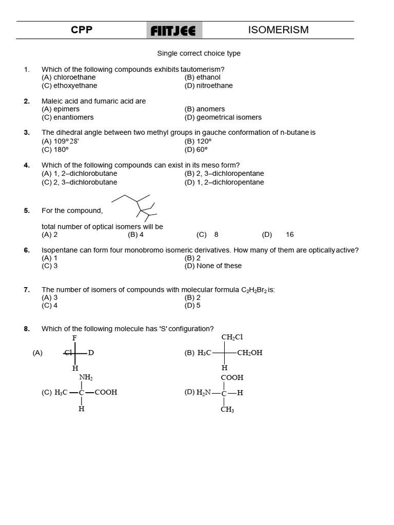 Isomerism and Tautomerism Quiz Questions | PDF | Isomer ...