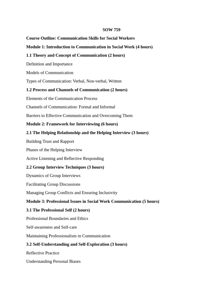 Sow 759 - Communication Skills in Social Work Course Outline and ...