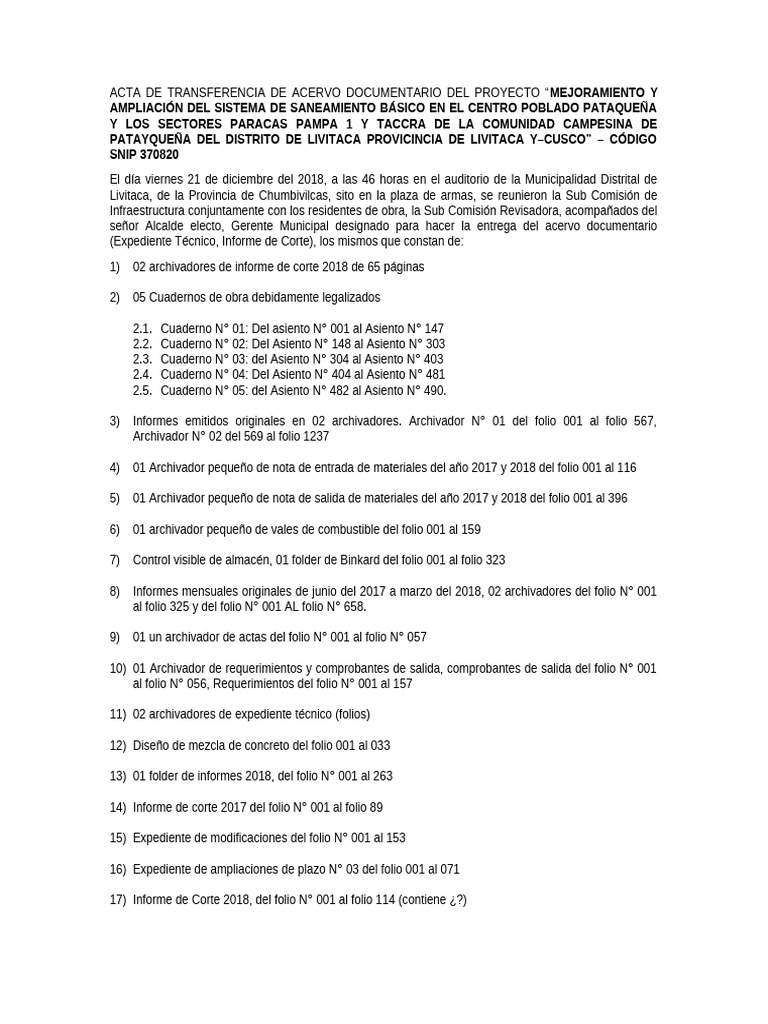 ACTA DE TRANSFERENCIA DE ACERVO DOCUMENTARIO DEL PROYECTO DR Fernando | PDF