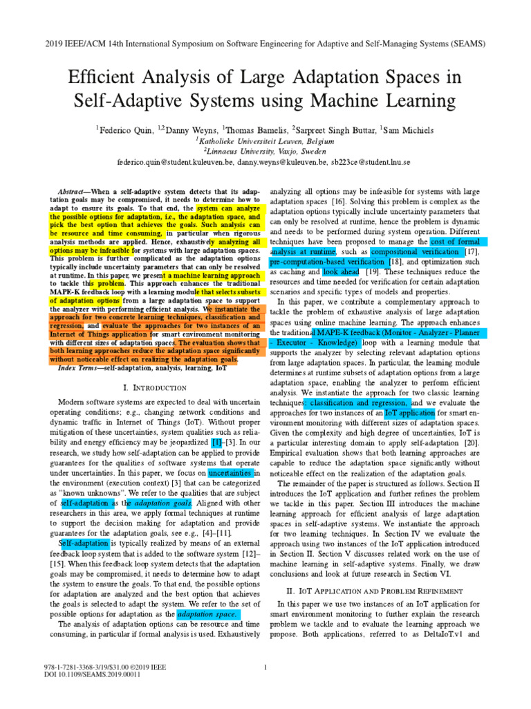 Efficient Analysis of Large Adaptation Spaces in Self-Adaptive Systems Using Machine Learning | PDF