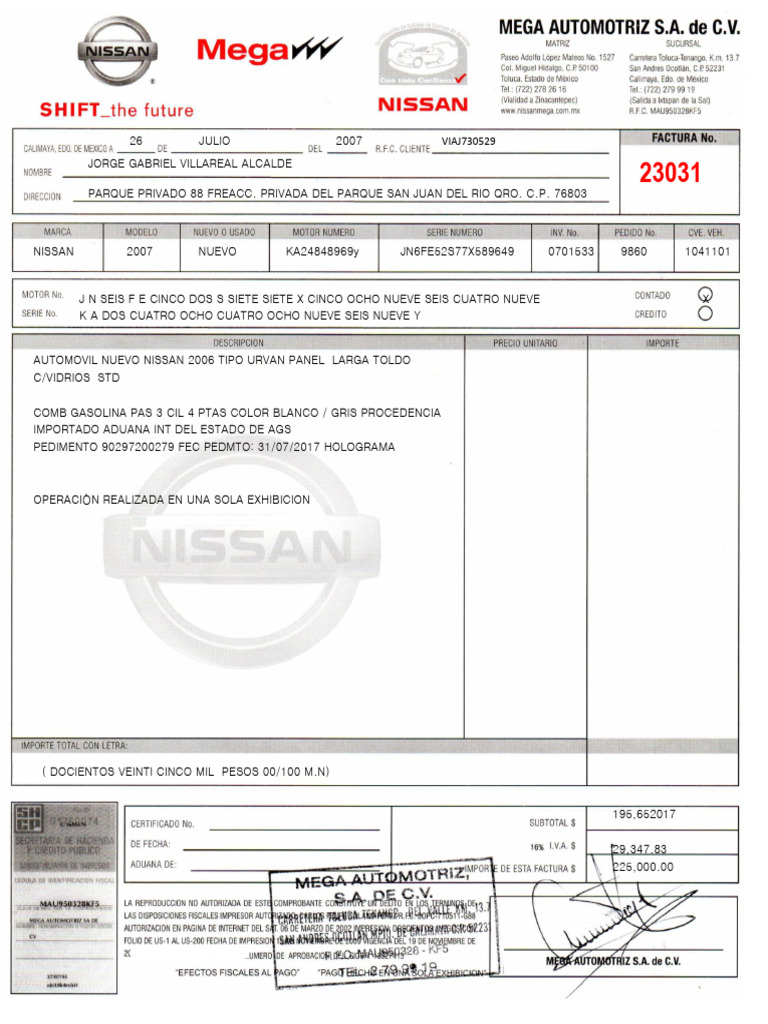 Factura Nissan Mega Automotriz | PDF
