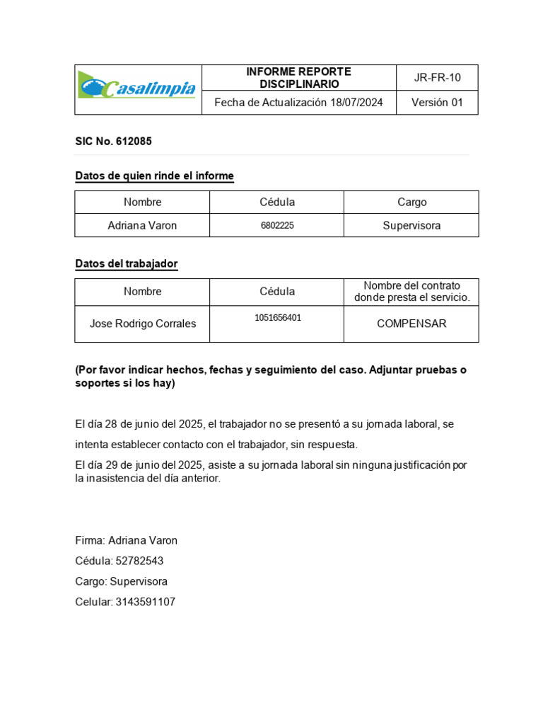 Informe Disciplinario de Inasistencia Laboral | PDF