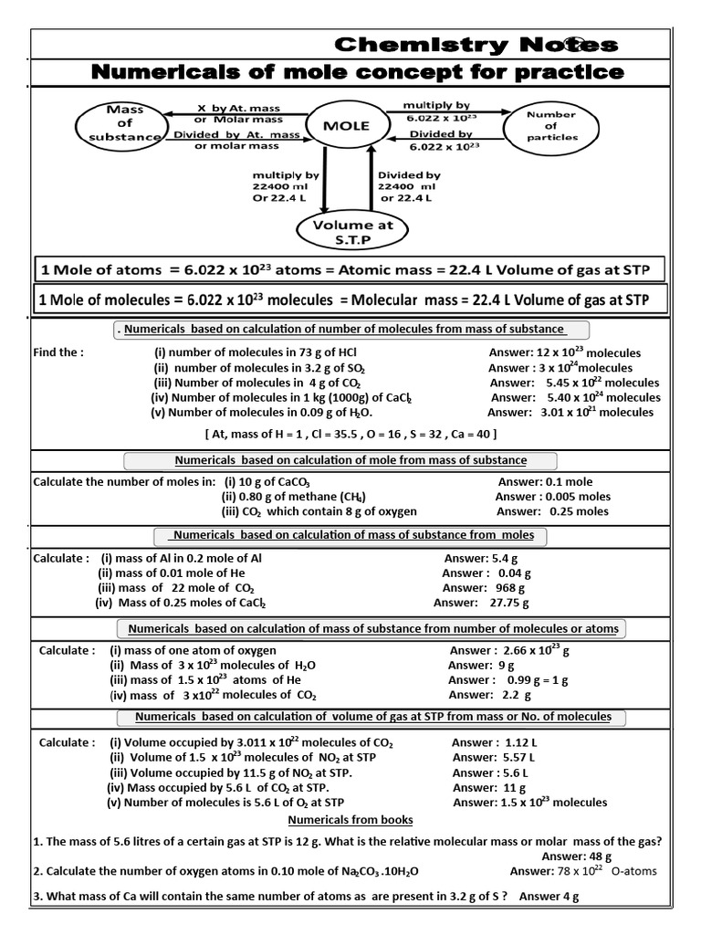 Numericals of Mole Concept For Practice 2025 | PDF | Mole (Unit) | Molecules