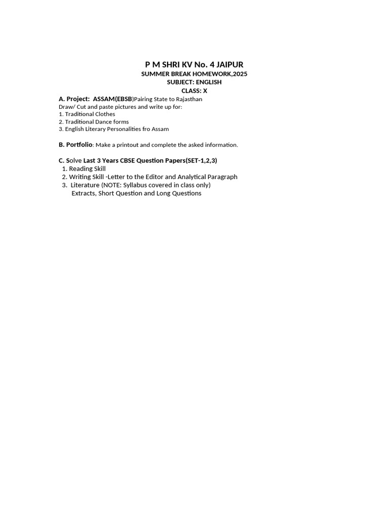 X Eng HHW Summer 2025 | PDF