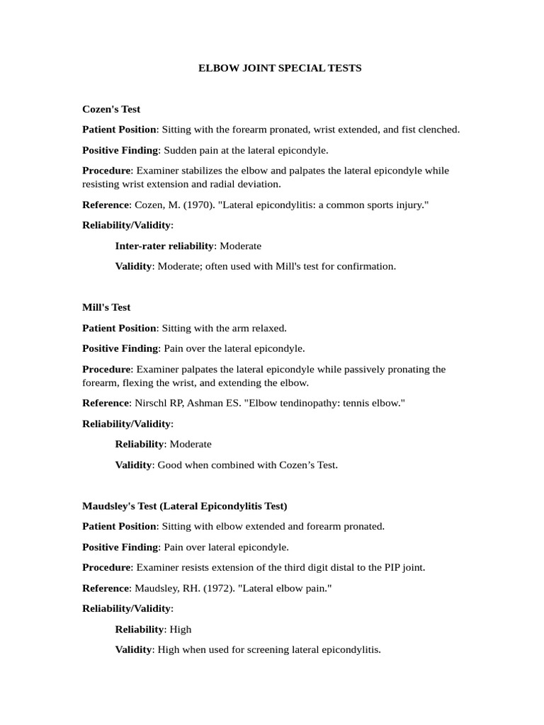 Elbow Joint Special Tests | PDF | Elbow | Anatomical Terms Of Motion