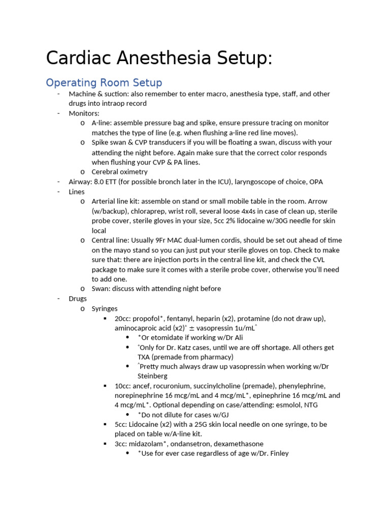 Cardiac Anesthesia Plan (Template) | PDF | Syringe | Clinical Medicine