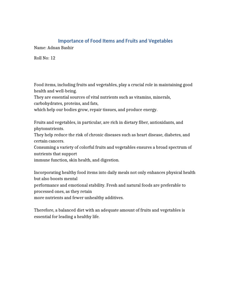 Importance of Food Items Assignment Adnan Bashir | PDF