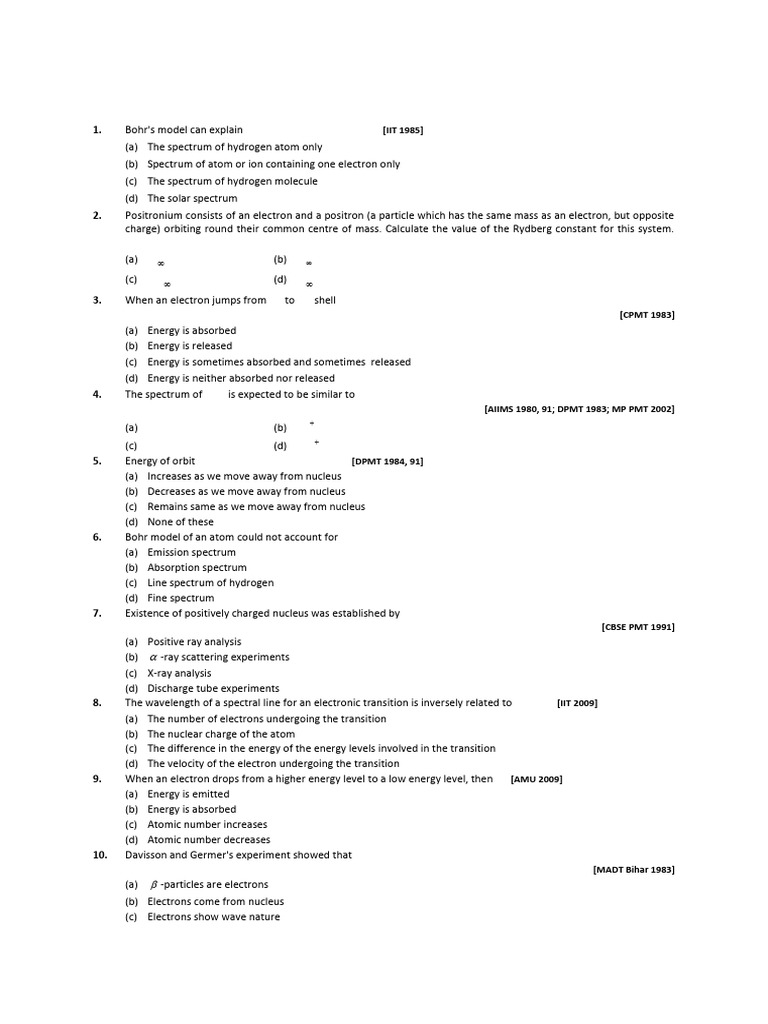 Questions Based On Niel Bohr Model and Hydrogen Model | PDF | Electron ...