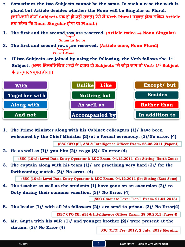 Sub Verb Agreement Class 15 | PDF | Plural | Grammatical Number