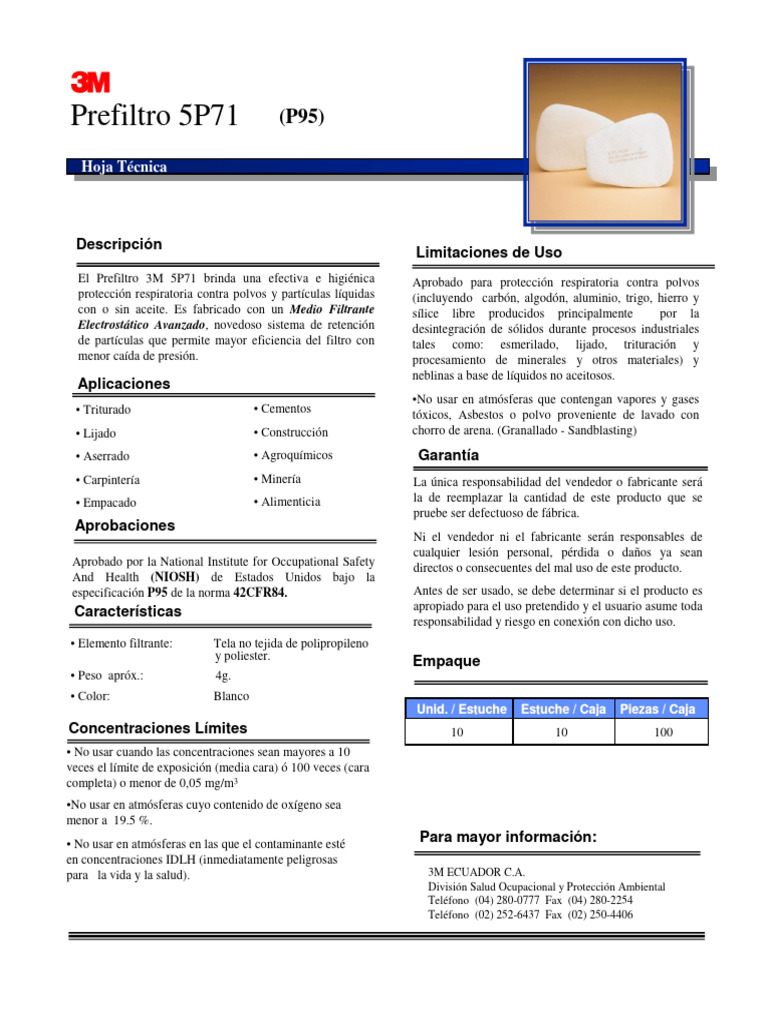 Prefiltro para Particulas Tóxicas 5P71 3M FICHA TECNICA | PDF | Materiales