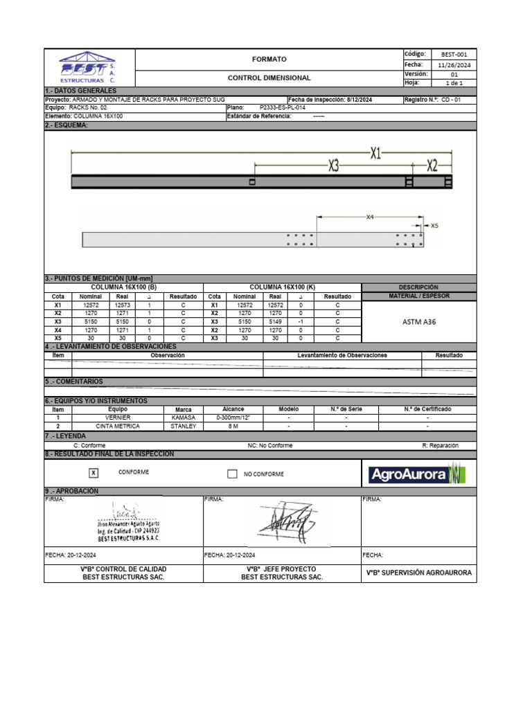 Control Dimensional Rack 02 Columnas - Best Estructuras | PDF