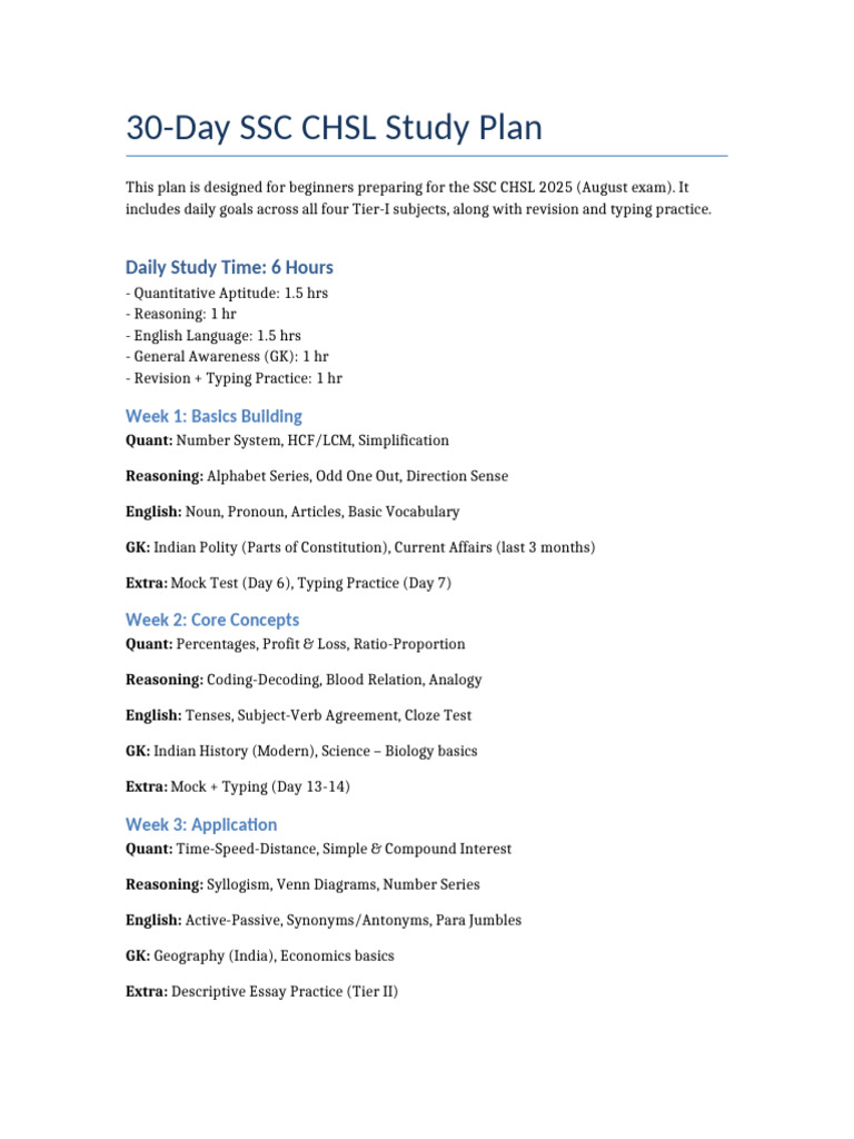 SSC CHSL 30 Day Study Plan | PDF