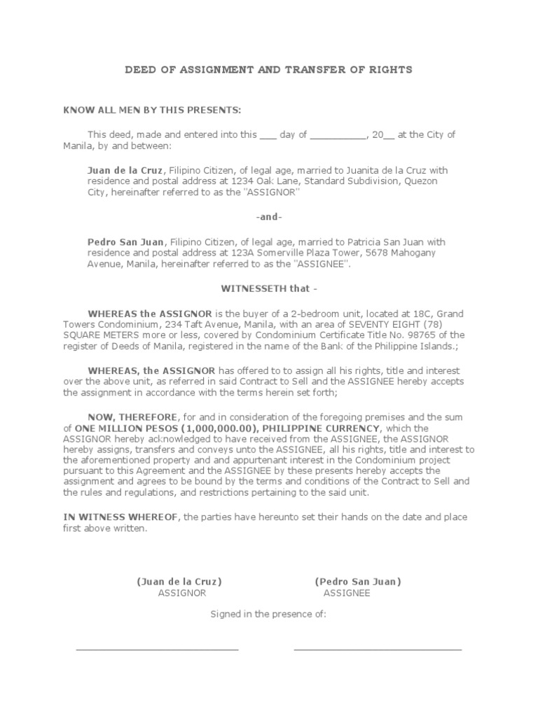 Deed of Assignment and Transfer Rights | PDF | Affidavit | Assignment (Law)