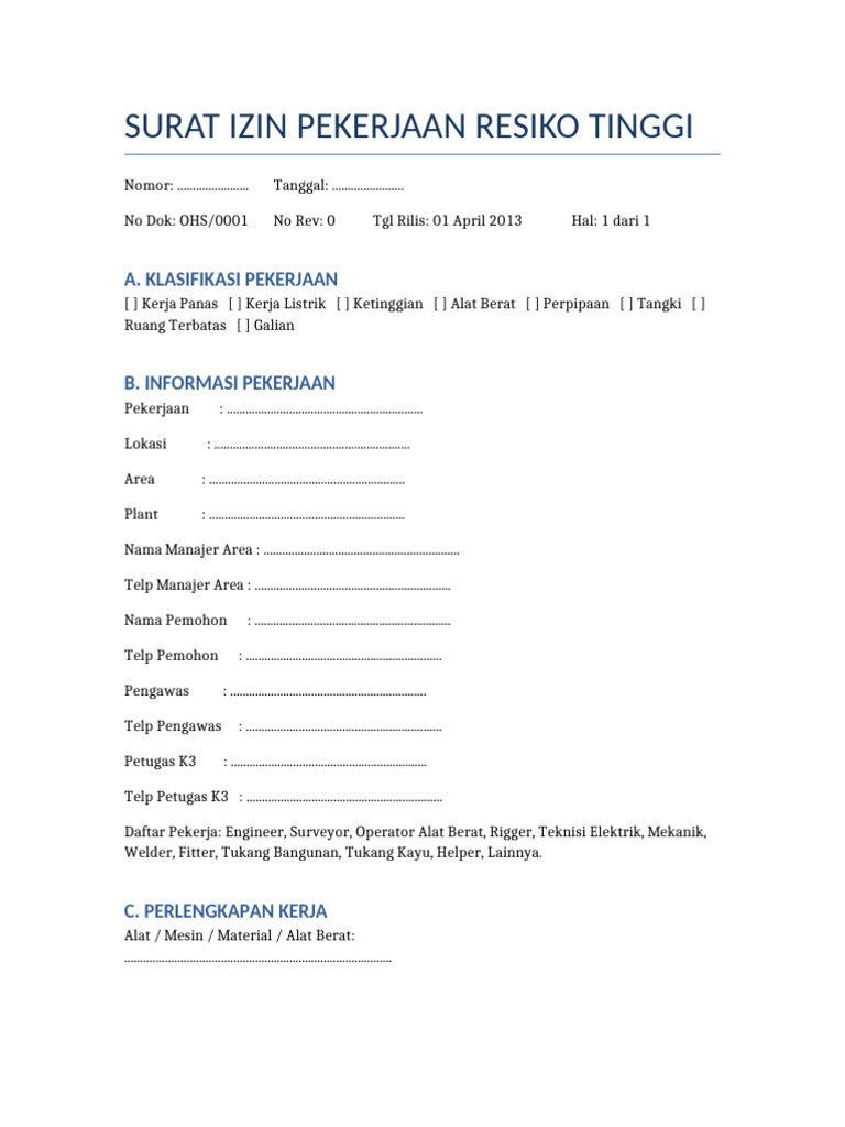 Form Surat Izin Pekerjaan Resiko Tinggi | PDF