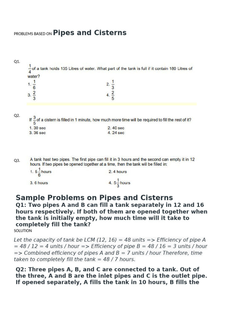 PROBLEMS BASED ON Pipes and Cisterns | PDF