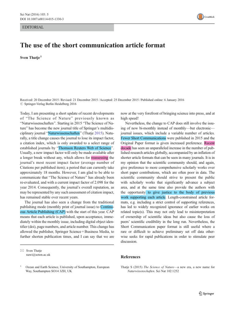 The Use of The Short Communication Article Format | PDF | Springer Science+Business Media | Science
